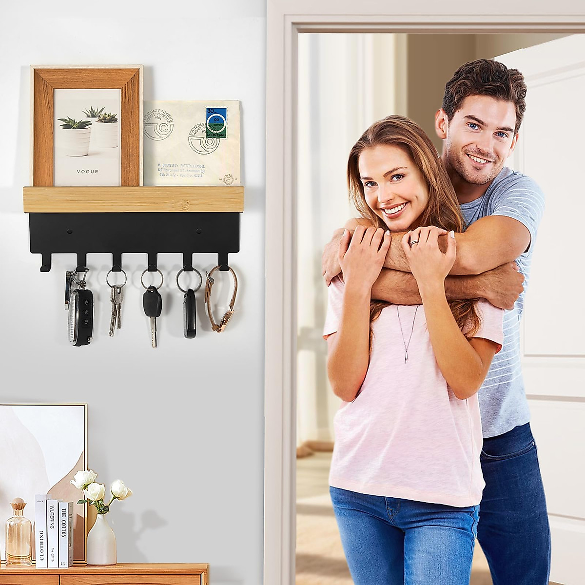 FANYITY Key Holder Wall Mount,Key Hooks for Wall with 6 Stainless Steel Key Hooks and Mail Organizer for Entryway Hallway Kitchen Farmhouse Decor (Key Hooks-6)