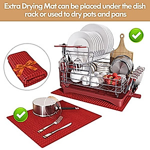Qienrrae Large Dish Drying Rack with Drainboard Set, Stainless Steel Dish Rack with Drainage, Wine Glass Holder, Utensil Holder and Extra Dryer Mat, 2 Tier Dishes Rack for Kitchen Counter, Red