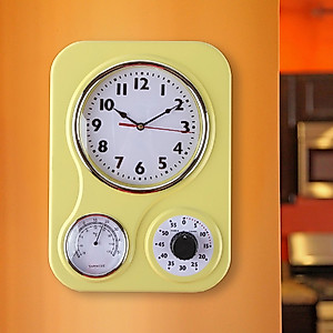 Lily's Home Retro Kitchen Wall Clock, with a Thermometer and 60-Minute Timer, Ideal for Any Kitchen, Yellow (9.5 in x 13.3 in)