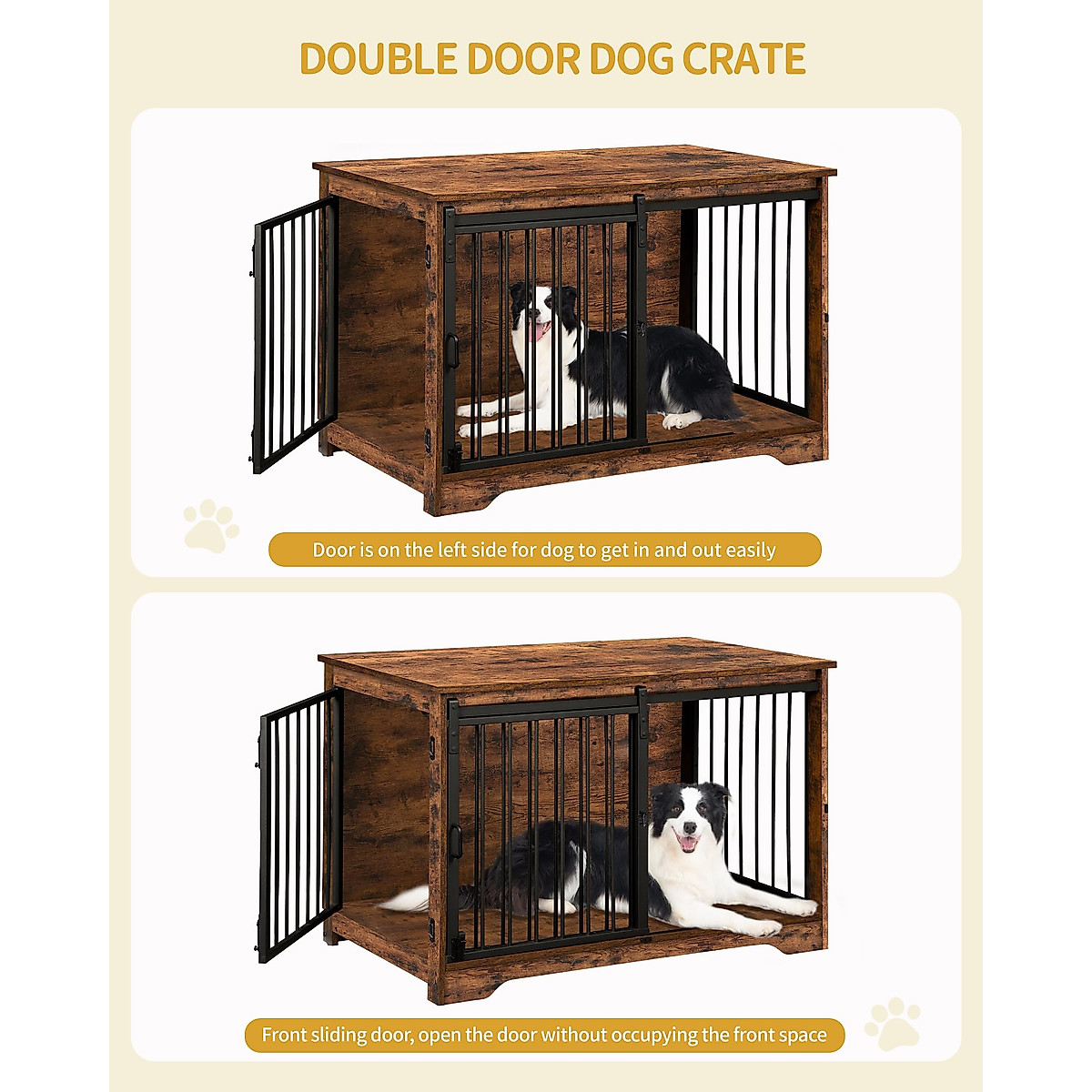 Hzuaneri Dog Crate Furniture, 39.4" Double Door Dog Crate with Barn Door, Dog Kennel Indoor, End Side Table Wooden Dog Crate for Small Medium Large Dog, Anti-Chew Anti-Escape, Rustic Brown DFC02301B