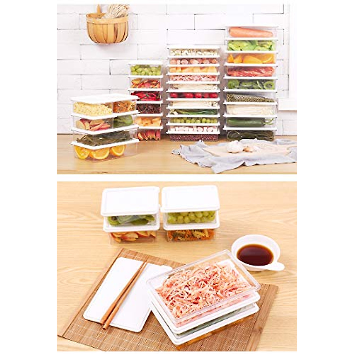 JCXivan 4 Refrigerator Organizer Bins with Lids , Meal Prep Containers Reusable, Food Storage for Kitchen Fridge Organizing Sliced Cheese,Fruit,Bacon, Plastic Stackable ,White+Clear