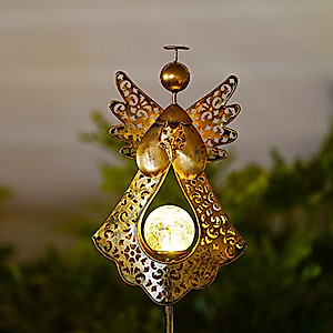 Starryfill Solar Garden Stake Lights Outdoor Bronze Angel Crackle Glass Globe Stake Metal Lights Waterproof Warm White LED for Garden Lawn Patio or Courtyard