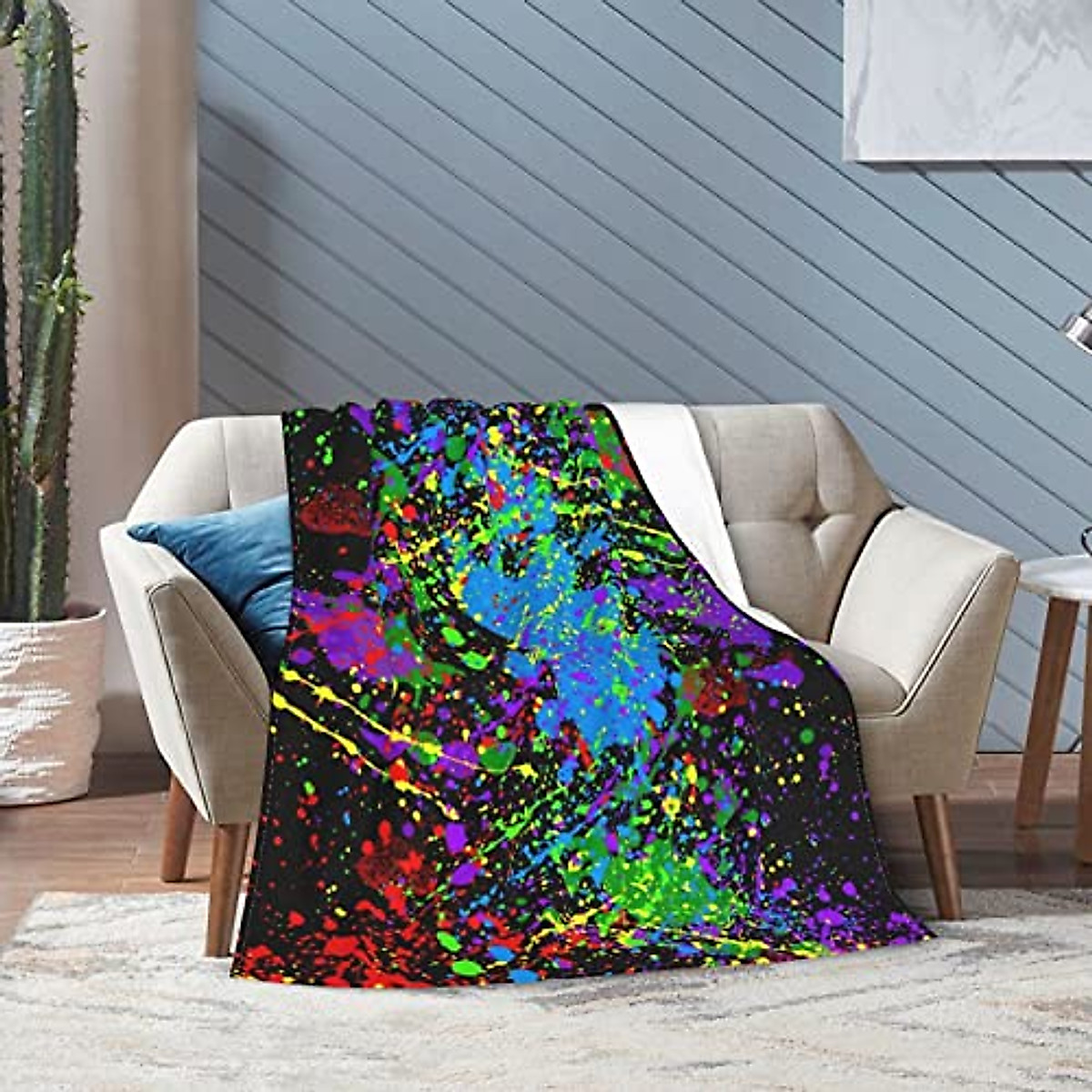 Glow in Dark Splatter Neon Throw Blanket Flannel Blanket 60 x 50 Inches Soft Warm Lightweight Fuzzy Blankets for Bed Sofa Couch Outdoor Travel