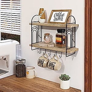 Sapowerntus Floating Shelves 2 Tier Wall Mounted with Hooks, Mid Century Modern Bathroom Kitchen Rustic Wood Hanging Shelf, Coffee Bar Display Storage Decor, Arched Geometry Bracket Design