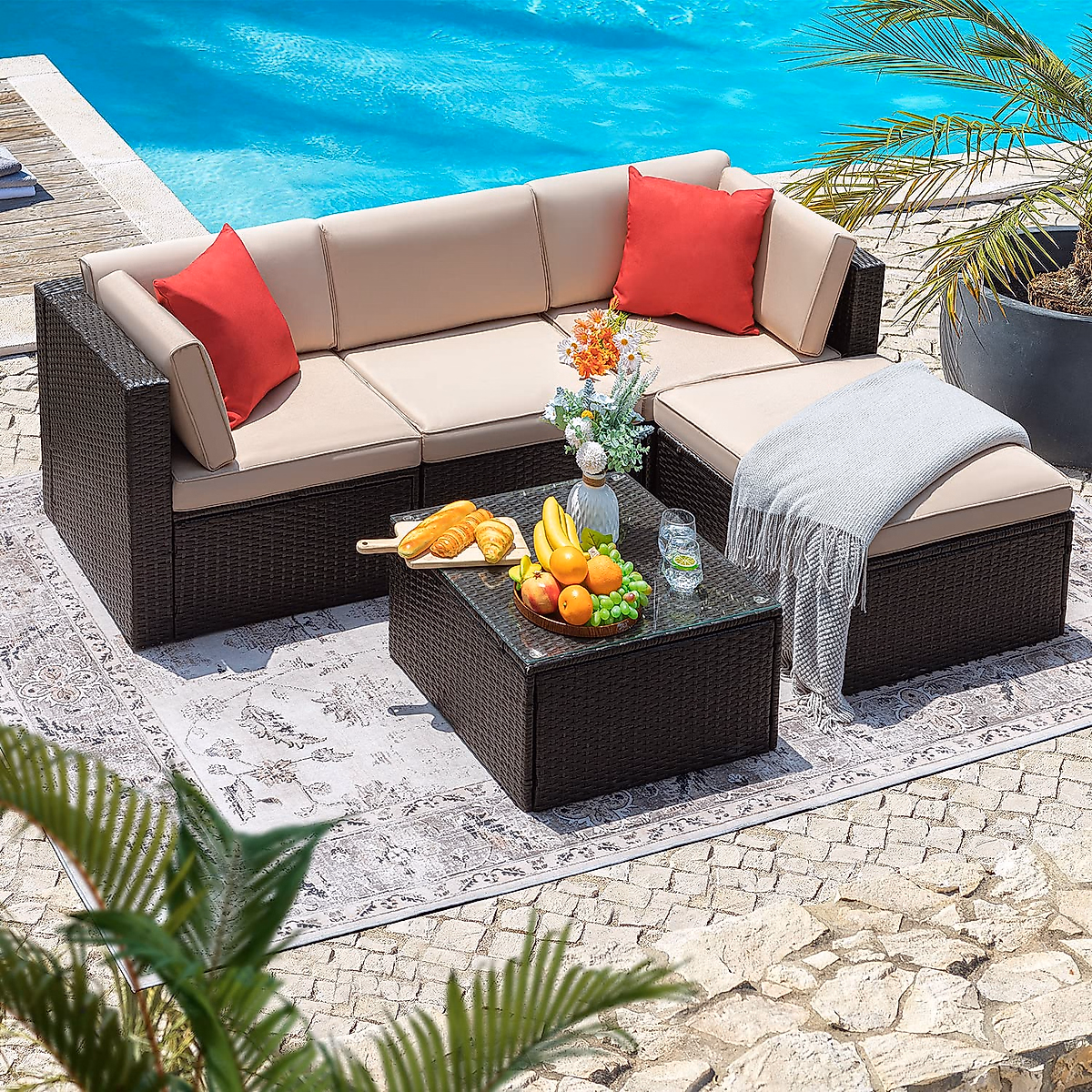Flamaker 5-Piece Patio Furniture Set - Outdoor Wicker Sectional Sofa with Thick Cushions & Tempered Glass Table - Ideal for Deck, Porch, Terrace (Beige)