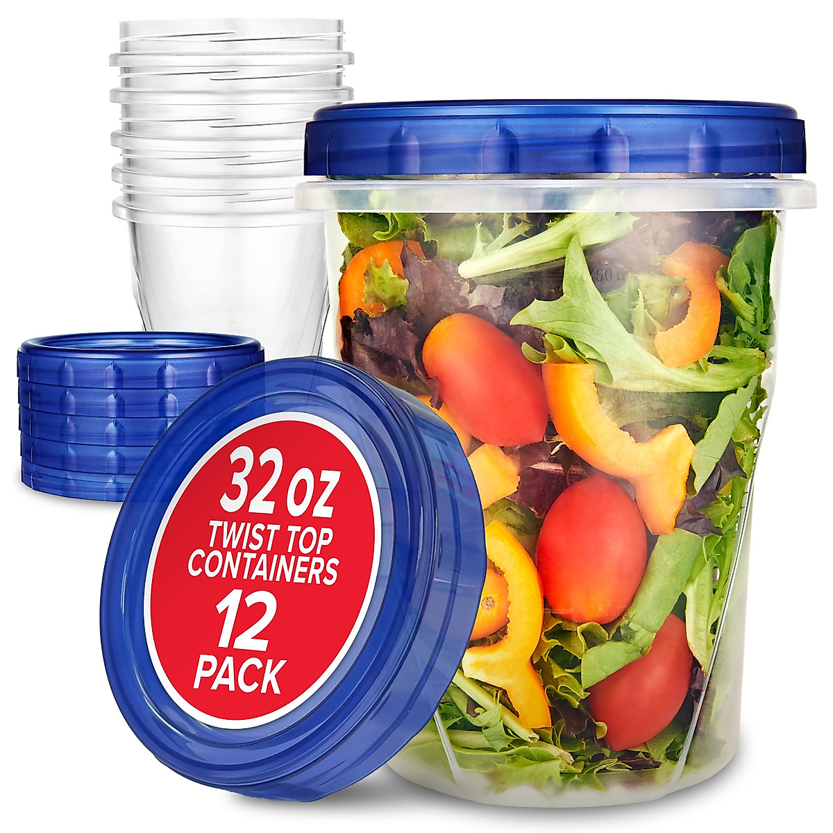 Stock Your Home 32oz Plastic Containers with Twist Top Lids (12 Pack), Quart Freezer Containers with Lids for Leftover Food, Airtight Reusable Soup Containers with Lids, Microwave and Dishwasher Safe