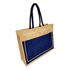 Vintage Style Jute with Cotton Pocket Reusable Large Tote Grocery Shopping Bag - Custom Personalization Available (Navy - Embroidered Monogram)