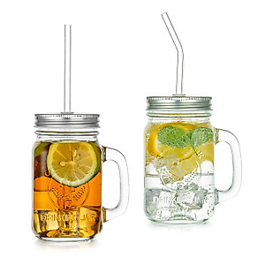 2PCS Mason Jar Lids 17OZ Straw Hole with 3 Reusable Glass Straw, 1 Cleaning Brush Mason Jar Drinking Lids and Straw Boba Cups Coffee Mug Wide Mouth Mason Jars