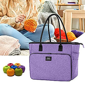 CURMIO Yarn Storage Bag, Knitting Bag for WIP Project, Crochet Hooks, Knitting Needles(up to 14"/35.5cm) and Yarn Skeins, Purple(Bag Only)