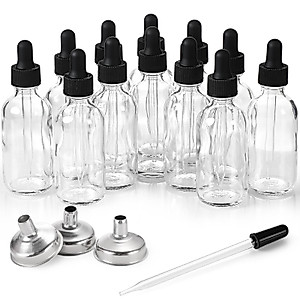 12 Pack, 2 oz Glass Eye Dropper Bottles w/ 3 Stainless Steel Funnels & 1 Long Pipette Dropper & 24 Labels - 60ml Clear Tincture Bottles for Essential Oils, Liquids - Leakproof Travel Essential Bottles
