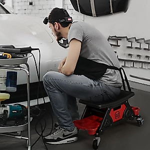 M-AUTO Rolling Mechanic Stool Garage Roller Chair Creeper Seat w/Storage Tool Tray and Drawers,300LBS Capacity Workbench Stool with Lockable Rollers for Home Garage DIY Automotive, 25" Red