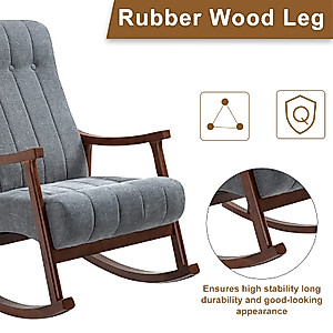 AVAWING Upholstered Rocking Chair with Fabric Padded Seat,Comfortable Rocker Solid Wood for Living Room,Modern High Back Armchair,Adult Single Sofa,Old Man Chair (Dark Grey)