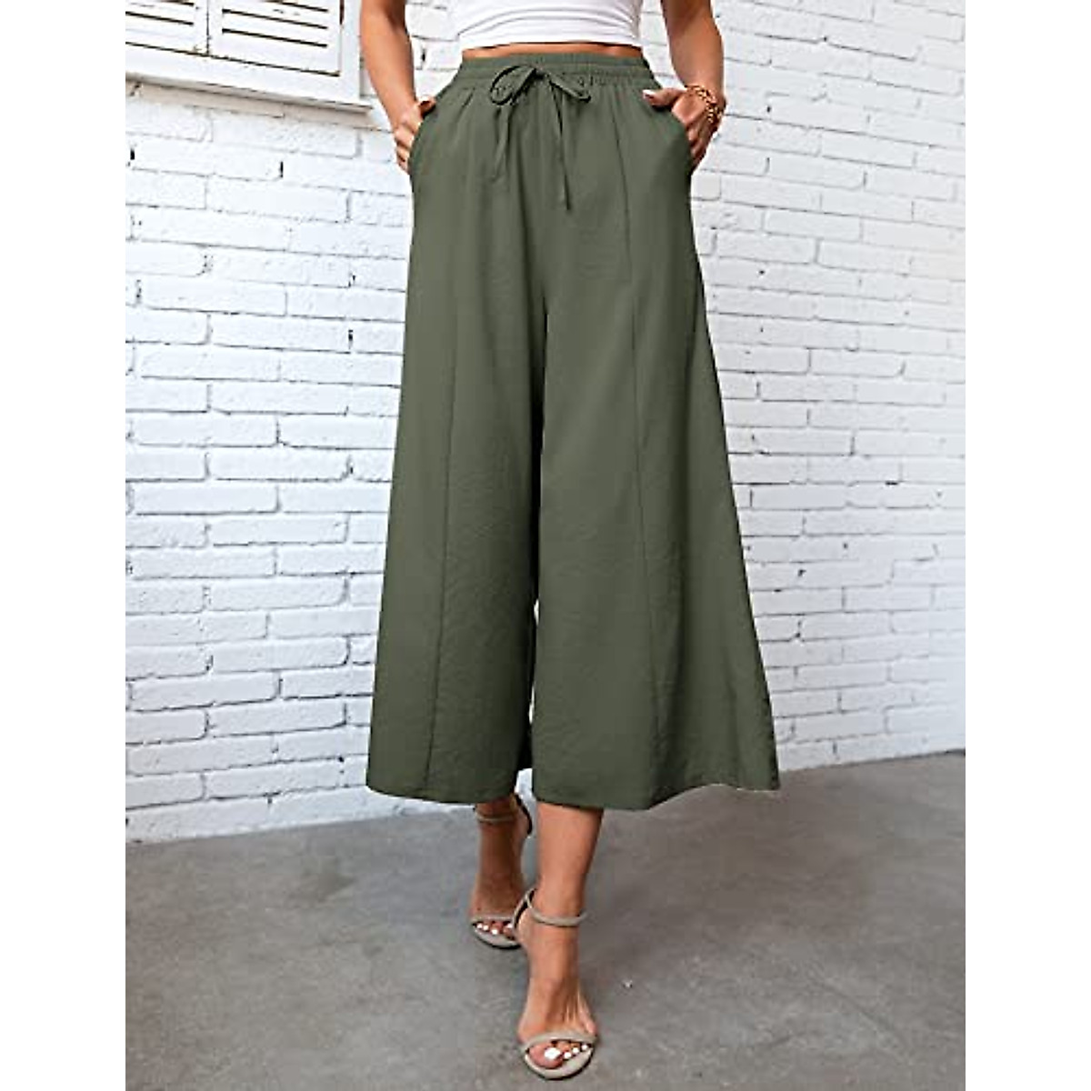 KTILG Linen Pants for Women Casual Loose Fit Palazzo High-Waisted Wide-Leg Culottes Trousers Pants with Pockets Army Green