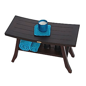 DecoTeak Satori Shower Bench Teak Wood Shower Stool with Curved Seat and Shelf 28″ Wide Wooden Seat Shower Stool in Woodland Brown Finish