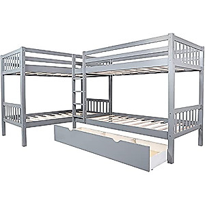 ATH-S Wood Triple Bunk Bed Full Over Twin &Twin Bunk Beds for 3, Wooden Triple Beds Frame with Drawers and Guardrails for Teens, Adults, No Box Spring Needed (White/Grey) (Color : Gray)