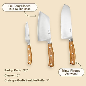 Cravings Greatest Hits 3-Piece Kitchen Knife Set – Includes 6-Inch Cleaver, 7-Inch Santoku Knife, and 3.5-Inch Paring Knife – Full-Tang Stainless Steel Blades with Triple-Riveted Ashwood Handles