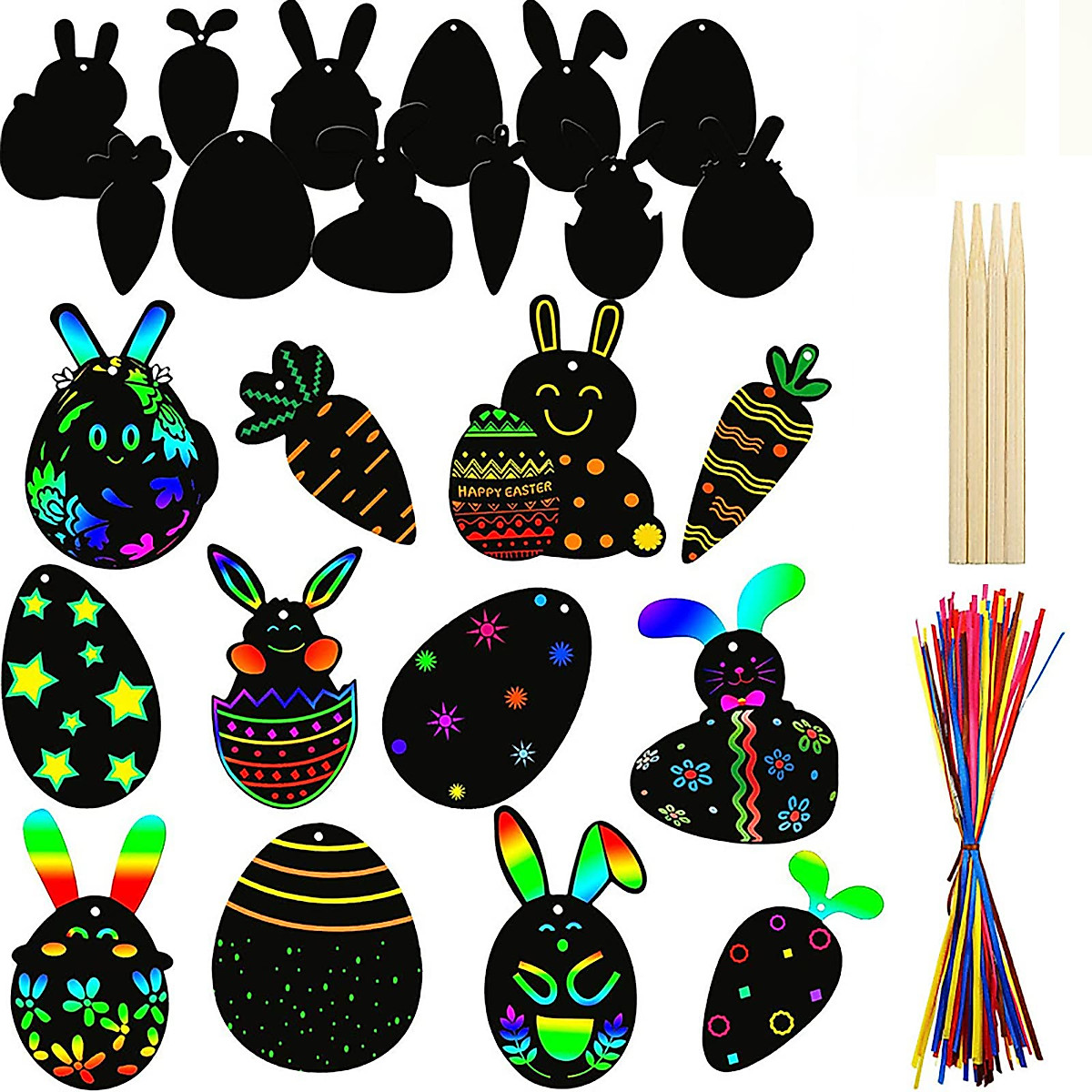 12Pcs Easter Scratch Paper,Easter Crafts for Kids,Easter Eggs Easter Bunny Carrots Rainbow Scratch Paper,Easter Scratch Art for Kids,Easter Toys Easter Gifts for Kids