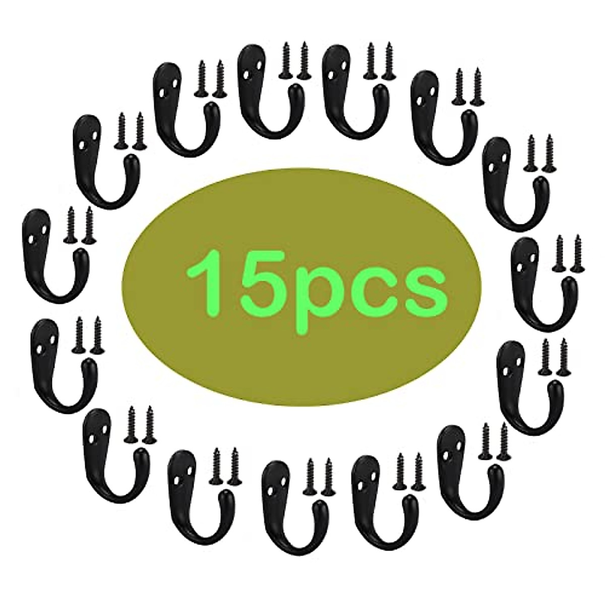 SOEAEODG 15 Pieces Wall Mounted Coat Hook Robe Hook Flat Black Towel Holder for Bathroom, Bathroom Accessories and 30Pieces Screws for Bath Kitchen Garage Single Coat Hanger (Black Color)