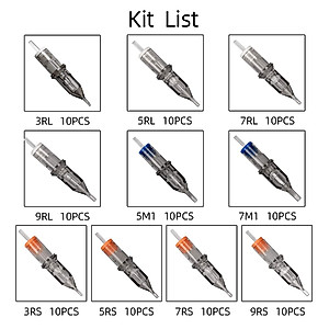 100pcs Mixed Tattoo Cartridge Needles, ATOMUS Assorted Disposable Tattoo Needle 3RL 5RL 7RL 9RL 3RS 5RS 7RS 9RS 5M1 7M1 for Tattoo Machine