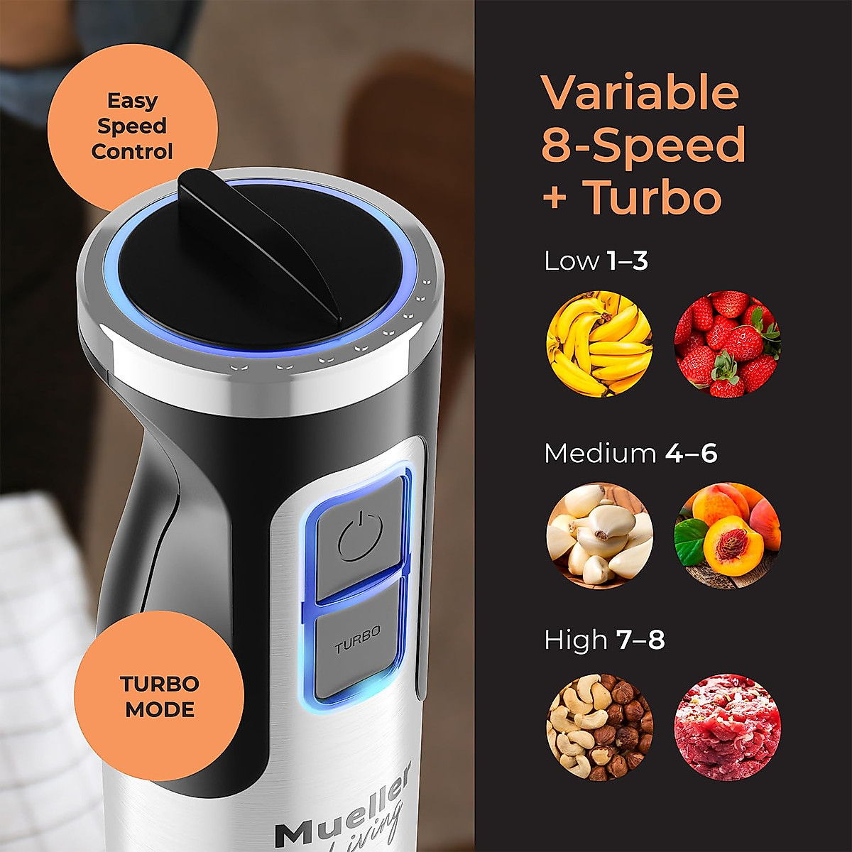 Mueller Ultra-Stick 500 Watt 9-Speed Immersion Multi-Purpose Hand Blender Heavy Duty Copper Motor Brushed 304 Stainless Steel With Whisk, Milk Frother Attachments