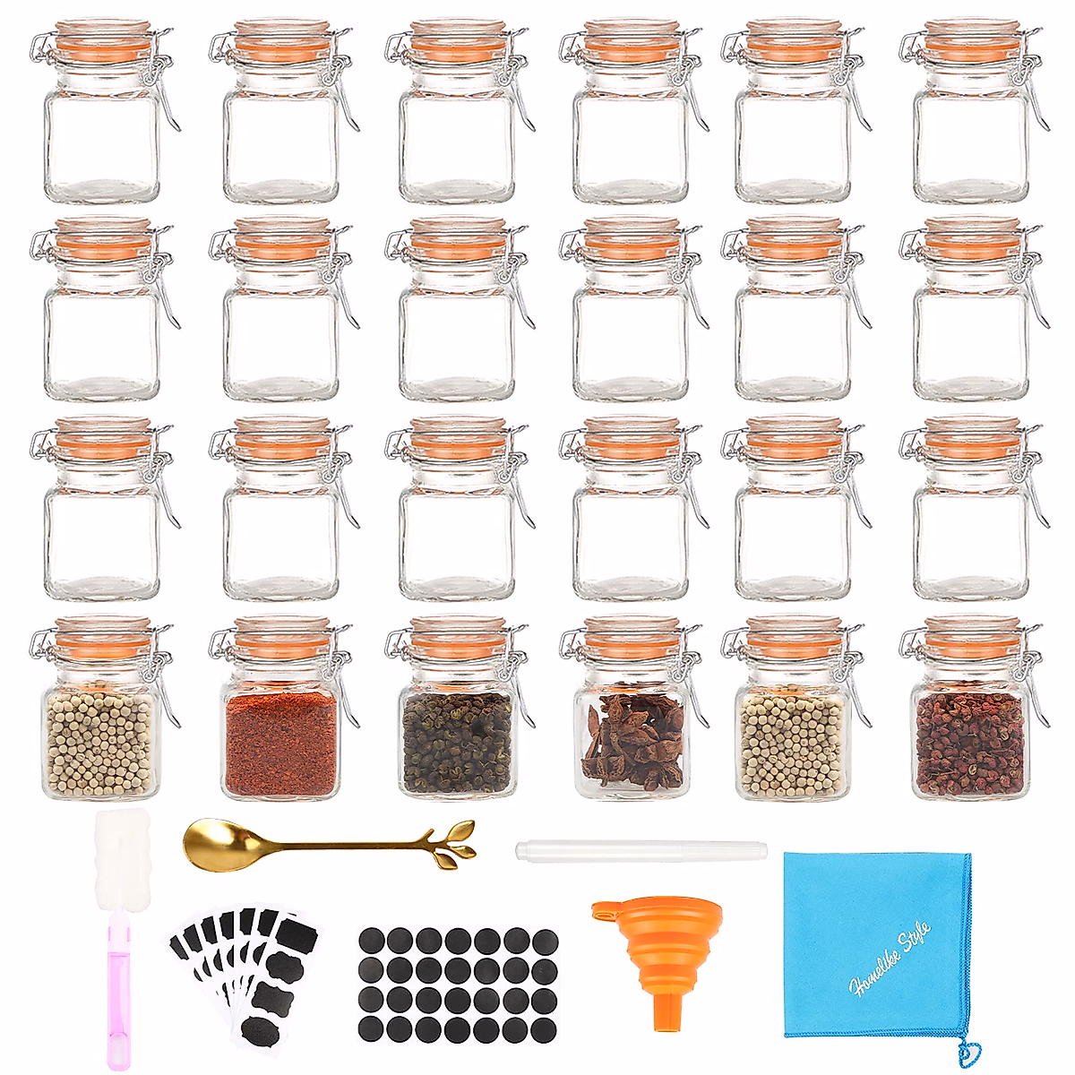 Homelike Style 3.4 oz Small Glass Spice Jars, Empty Mini Square Glass Spice Bottles with Airtight Flip Top Lids, Chalkboard Labels and Collapsible Funnel for Home and Kitchen-24 Pack
