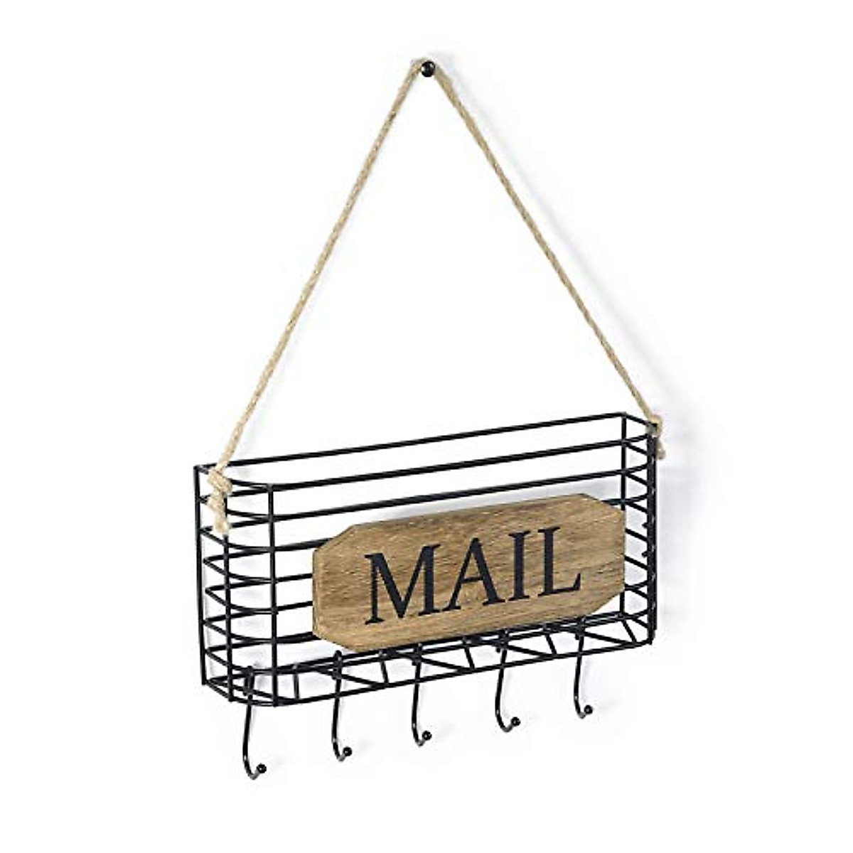 SRIWATANA Mail Organizer Wall Mount, Rustic Mail Holder Key Holder for Wall with Hooks, Small Size, Carbonized Black