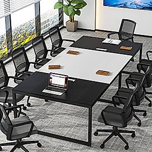Tribesigns Rectangle Shaped Conference Table, 94.48L x 47.24W x 29.92H Inches Meeting Seminar Table with Partical Wood Tabletop and Metal Frame, Brown&Black, 8FT