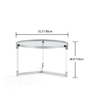 Saint Mossi Glass Coffee Table, Modern Design, Single Layer Glass Coffee Table for Living Space, D32 x H17, Clear Glass Top, Clear Acrylic Leg & Chrome Finish Metal Frame