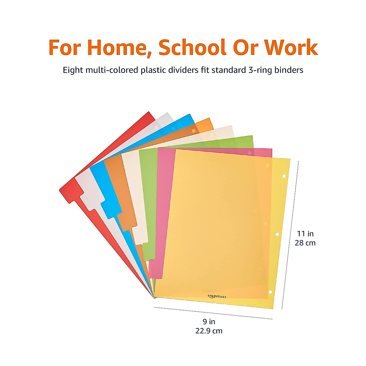 Amazon Basics 3-Ring Binder Plastic Divider Set, 3-Hole Punched Letter-Size 8-Tab Dividers - 6-Pack, Multicolor