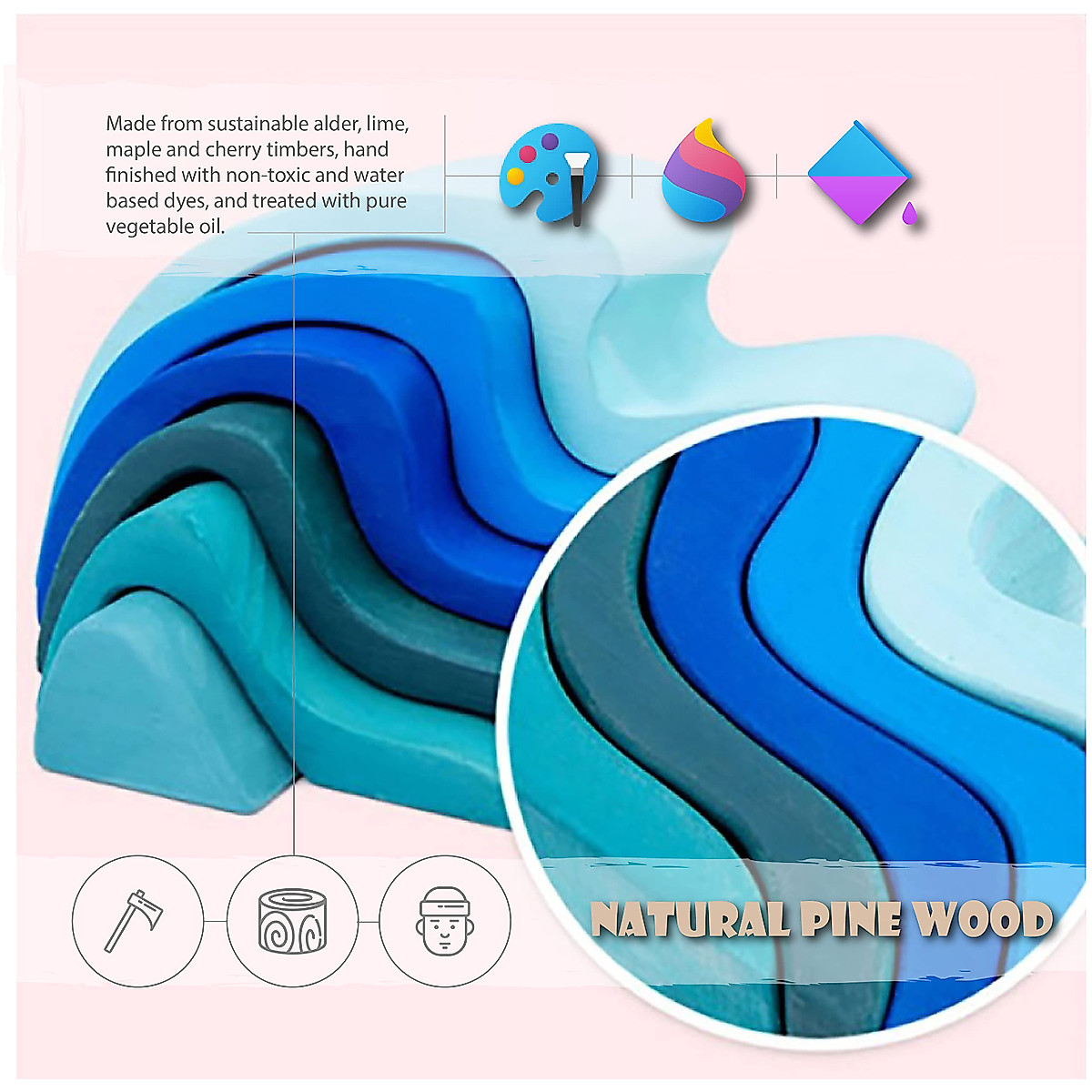 moderngenic 'Four Elements' Rainbow X-Large Rainbow Blocks, Wooden Toys for Kids, Geometric Building Puzzle, Volcano/House Educational Set