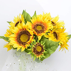 KINWELL Large Artificial Silk Sunflower Bouquet 7 Stems Fake Flowers Floral for Home Wedding Decoration, Bride Holding Flowers,Garden Craft Art Decor