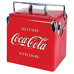 Coca-Cola Retro Ice Chest Cooler with Bottle Opener 13L (14 qt), 18 Can Capacity, Red and Silver, Vintage Style Ice Bucket for Camping, Beach, Picnic, RV, BBQs, Tailgating, Fishing