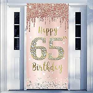 65th Birthday Decorations Door Banner for Women, Pink Rose Gold Happy 65 Birthday Backdrop Party Supplies, 65 Year Old Birthday Poster Door Cover Sign Decor