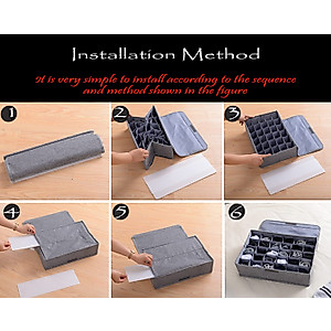 MURRI&MURRDI 2 Packs Sock and Underwear Storage for Closet with Lids,30 Cells Drawer Divider,Linen Cotton Sock Organizer,Foldable Closet Storage Box Bin for Socks, Lingerie, Ties,Scarves (2 Grey)