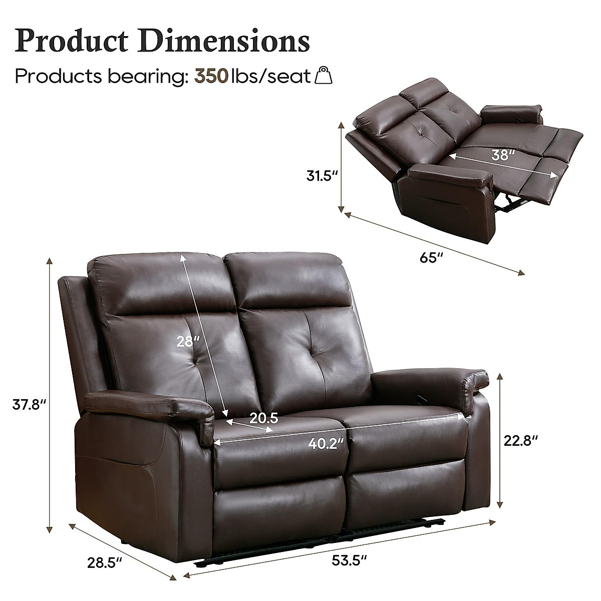 PALLOME Loveseat Recliner, PU Leather Reclining Sofa, 54'' Double Recliner Loveseat with Heat and Massage, RV Theater Seating, Manual Recliner Chair for Living Room (Brown)
