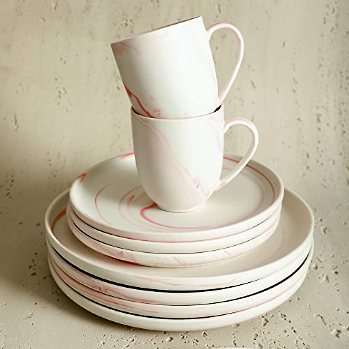 Stone Lain Marble Porcelain Dinnerware Set, 16 Piece Service for 4, Matte Pink