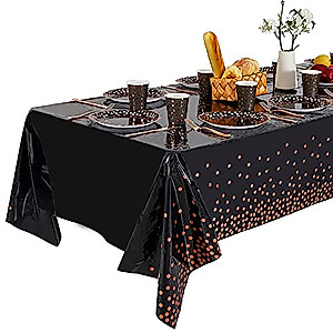 vannyster Black 4 Pack 54x108 Inch Disposable Plastic Tablecloths, Rose Gold Dot Confetti Table Covers for Party Supplies