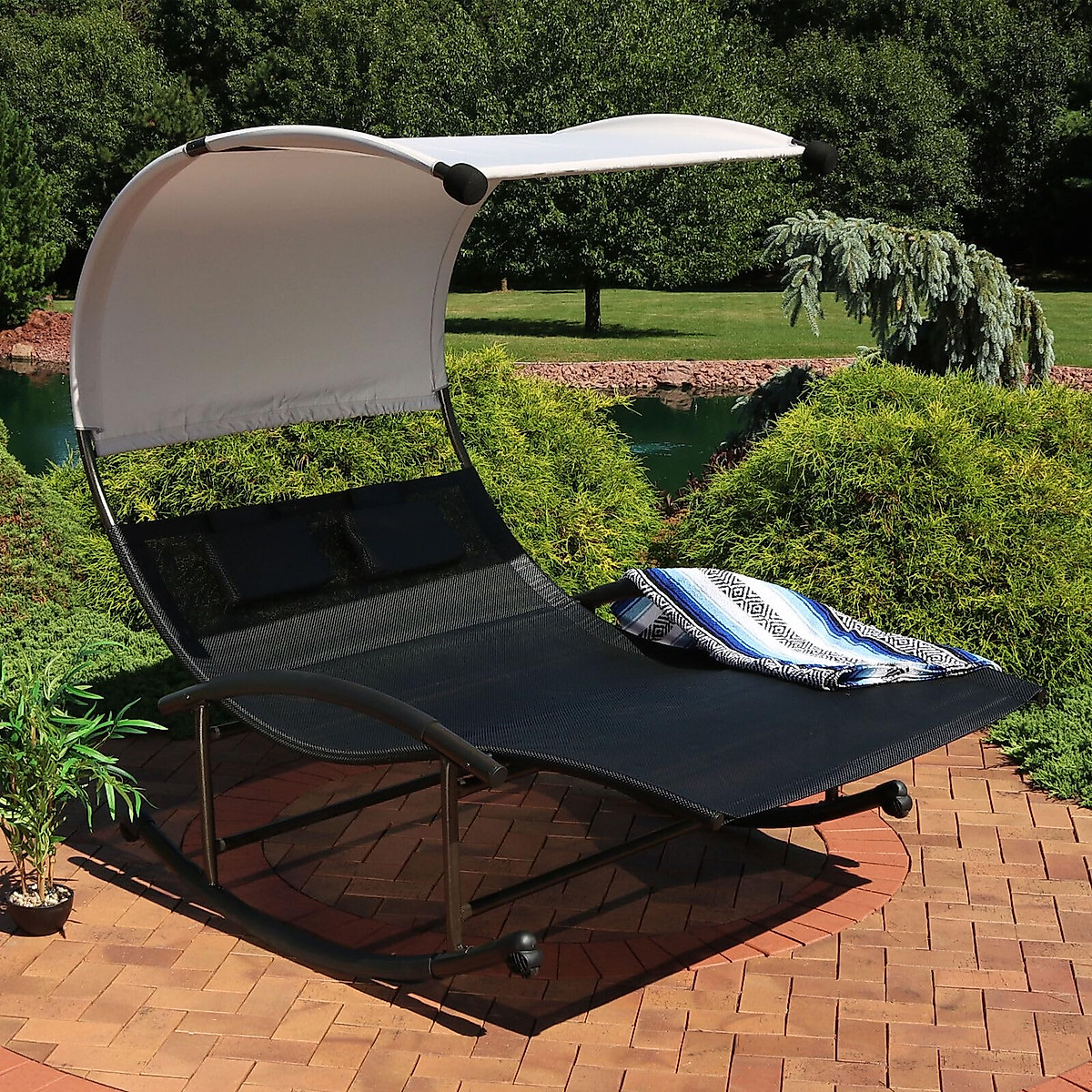 Double Rocking Chaise Lounge Bed with Canopy and Pillows - Black