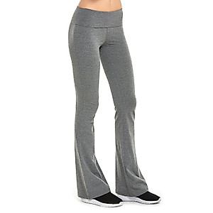 Gilbins Womens Fold-Over Waistband Stretchy Cotton Blend Yoga Pants with A Wide Flare Leg 2 Pack (1 Grey 1 Black, Large)