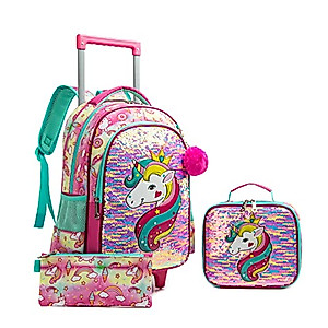 4PCS Unicorn Rolling Backpack for Girls, Wheels Backpacks for Girls,Suitcase School Bag Set,Kids Luggage with Lunch Box Pencil Case for Toddler Preschool Elementary Student