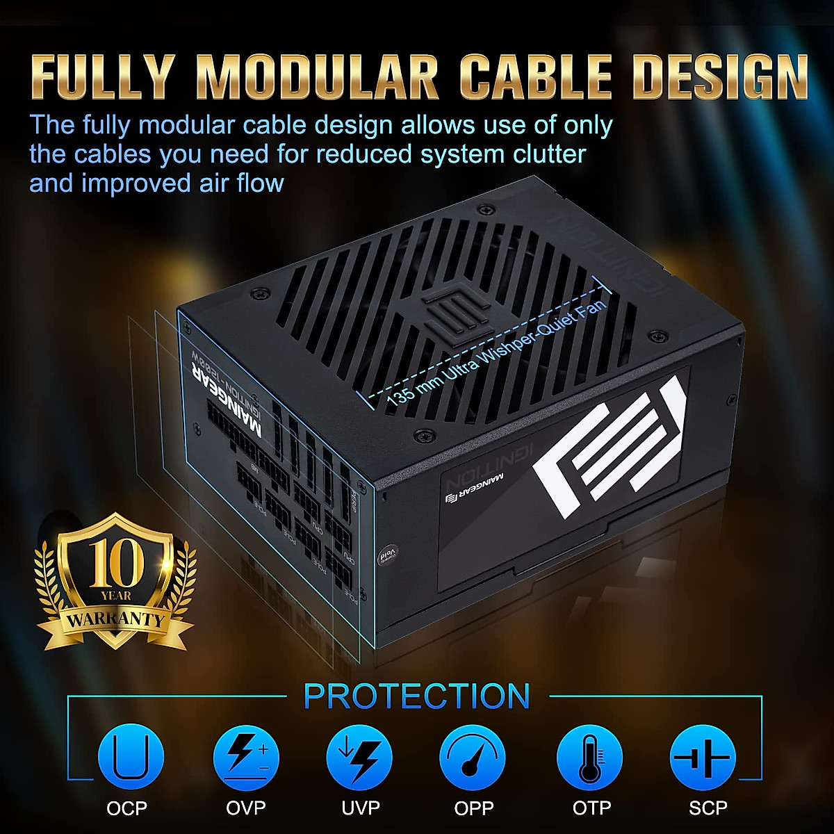 MAINGEAR Ignition Fully Modular Power Supply PC, 1200W, 80 Plus Platinum Certified, SLI Crossfire Ready, FSP1200-50AJB, 10 Year Warrenty