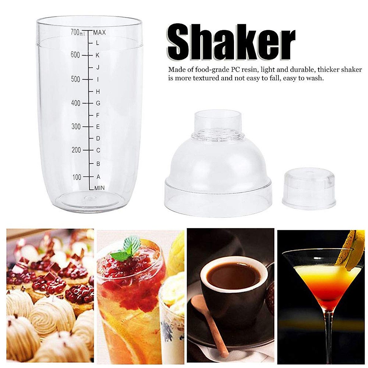 Cocktail Shaker, Plastic Drink Mixer Ice Tea Shaker Bottle Cup with Scales for Bar(700ml)