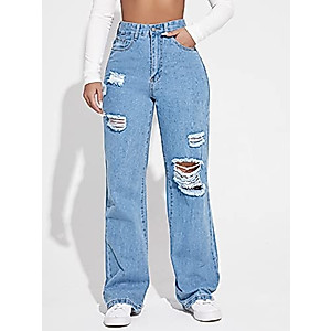 SweatyRocks Women's High Waisted Ripped Boyfriend Jeans Distressed Denim Pants with Pockets Light Wash S