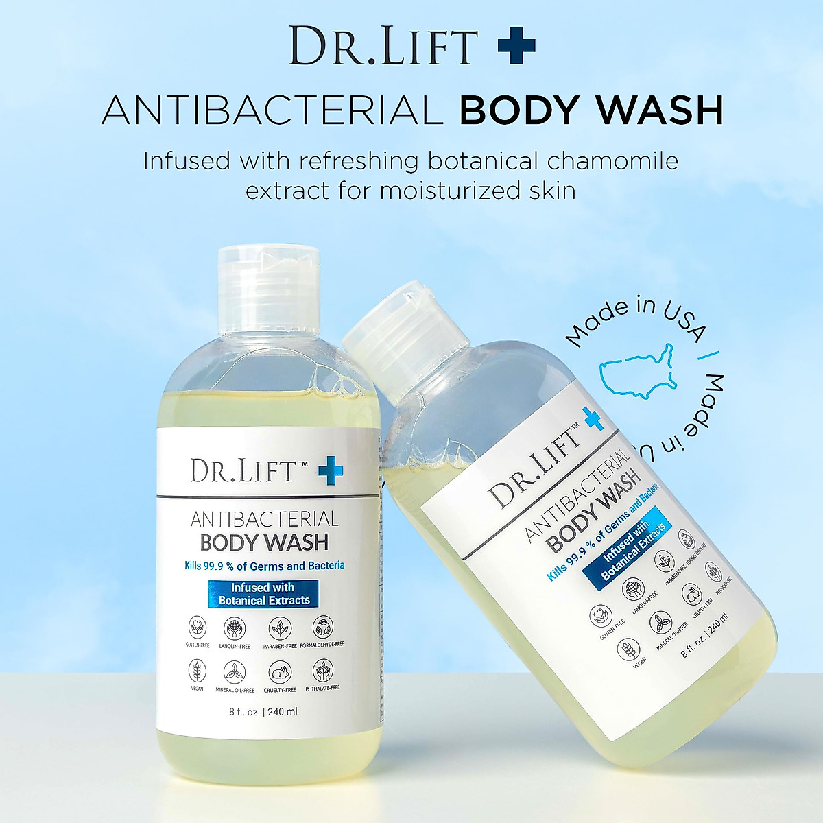 DR. LIFT Antibacterial Body Wash | Kills 99.9% of Germs | Made in America | Antibacterial Soap - Infused with Botanical Extracts | Shower Gel Body Wash for Women & Men | Liquid Bath Soap - 8 Oz