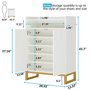 Tribesigns Shoe Cabinet 5-Tier Shoe Storage Cabinet with Open Shelves & Hooks, Freestanding Wooden Shoe Rack Storage Modern Shoe Organizer for Entryway, Hallway (White & Gold)