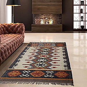 iinfinize Wool Jute Throw Rug Pad Hippie Yoga Turkish Rug Mat Bedroom Vintage Dhurrie Floor Decor Runner Indoor Outdoor Area Rug Reversible Carpet Handwoven