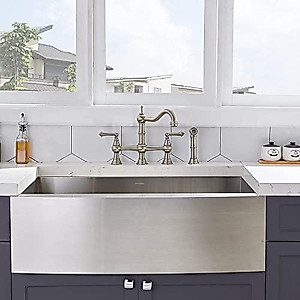 VCCUCINE Bridge Kitchen Faucet, 4 Hole Kitchen Faucet with Side Sprayer, Antique Brass 8 Inch Centerset 2 Handle Farmhouse Sink Faucet, Stainless Steel Kitchen Faucets for Sink 3 Hole