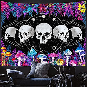 Jinxy Skull Moon Phase Mushroom Garden Tapestry, Psychedelic Floral Plant Tapestry, Wild Flowers Tapestry Home Decor Wall Hanging for Living Roomall Hanging for Living Room (Moon Phase Skull, 51.2" x 59.1")
