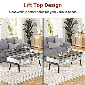 Aheaplus Lift Top Coffee Table with Storage, 43.3" Modern Center Table Lift Tabletop Wood Dining Table Pop Up Table with Open Compartment for Living Room, Home Office, Black Oak and White