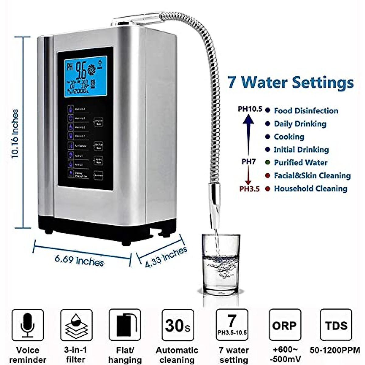 AquaGreen Alkaline Water Ionizer Machine AG7.0, Home Filtration System Produces pH 4-10.5 Water, 7 Water Settings, Up to -570mV ORP, 6000L Per Filter, Silver
